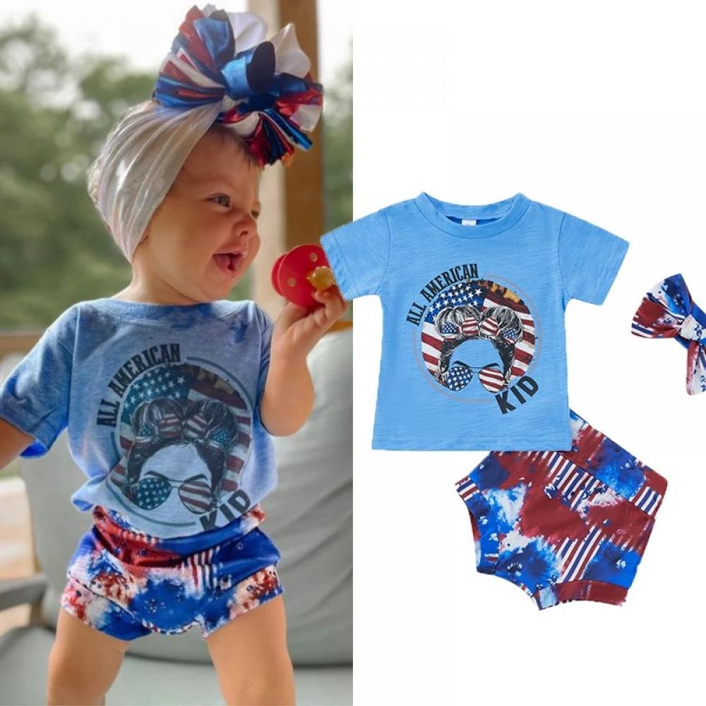 Girls Summer Short Sleeve T-Shirt Wrap Fart Shorts Hair Belt Three-Pie ...